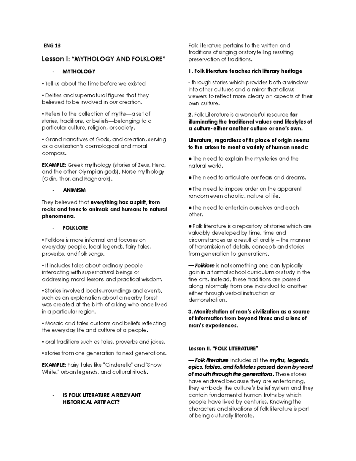 english 10- reviewer - ENG 13 Lesson I: “MYTHOLOGY AND FOLKLORE ...