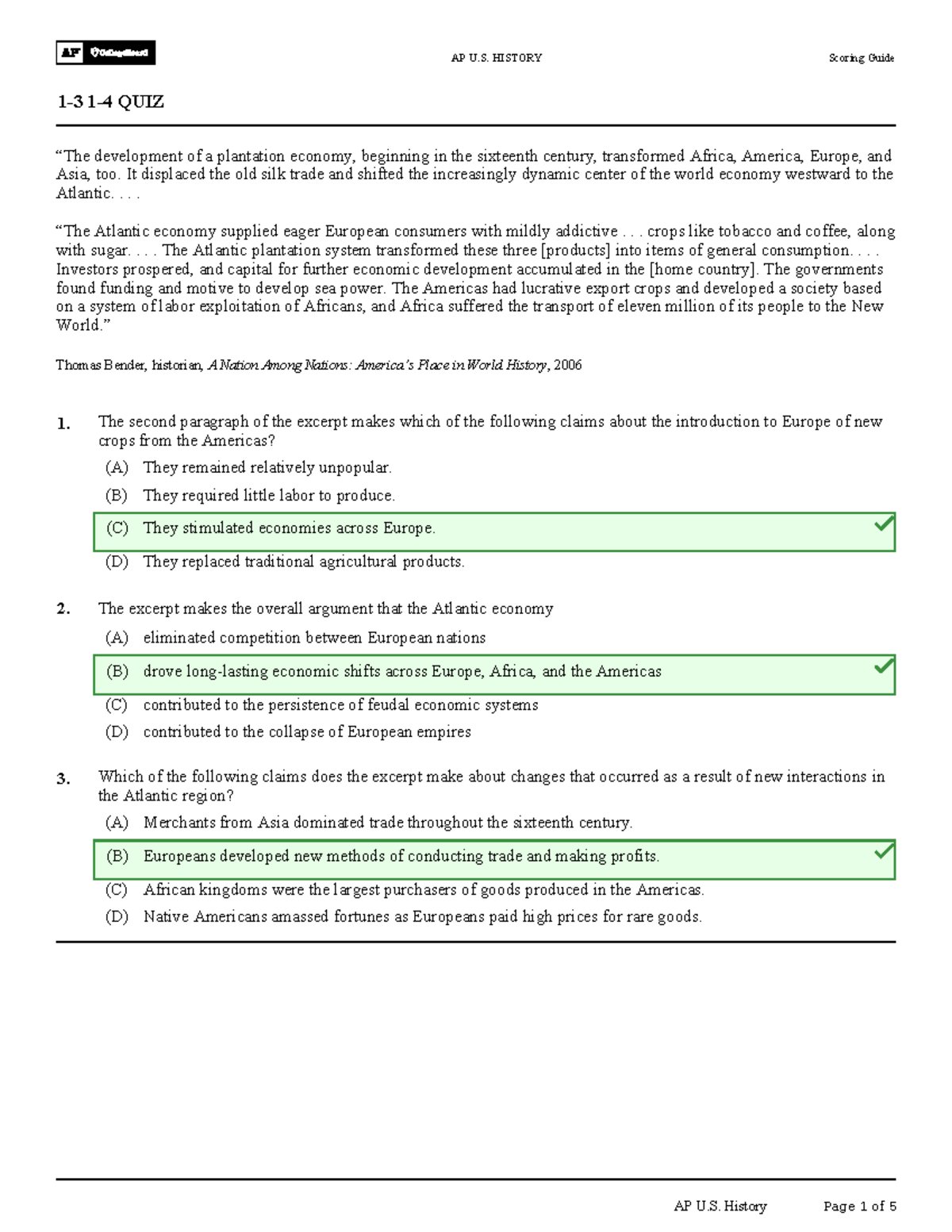 AP U.S. History Quiz: Answer Key for Sections 1-3 & 1-4 Insights - Studocu