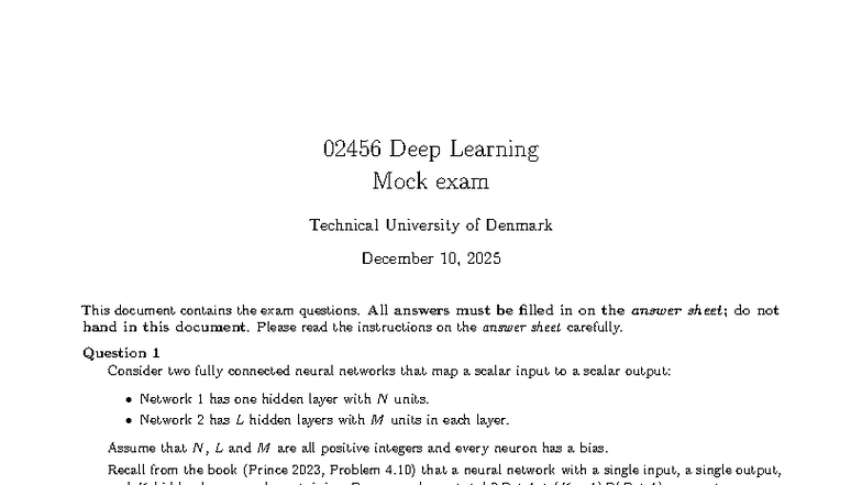 02456 Deep Learning Mock Exam - Technical University of Denmark 2025 ...