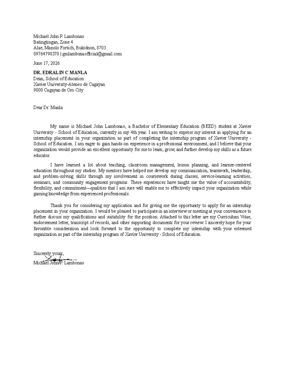 Lambonao BEED - Internship Application Letter - Studocu