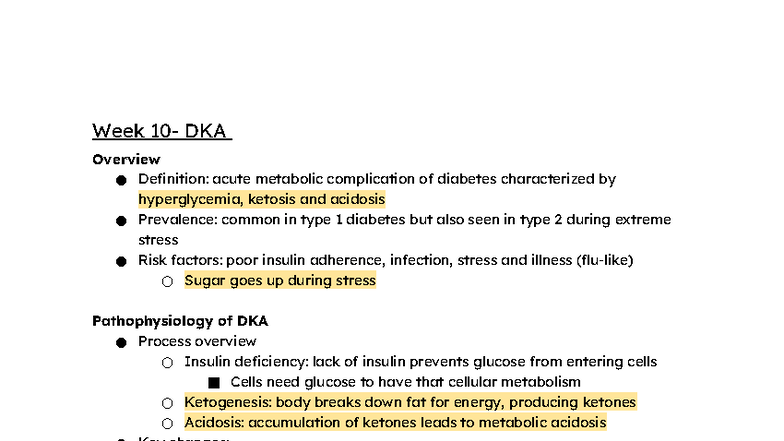 Synthesis of Weeks 10-12 Lecture Notes: DKA & Shock Management - Studocu