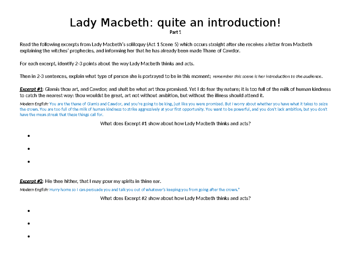 Lady Macbeth: Analyzing Her Character in Act 1, Scene 5 - Studocu