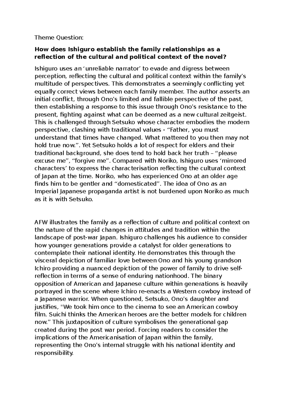 AFW Essay Notes: Family Dynamics and Cultural Reflection in Ishiguro's ...