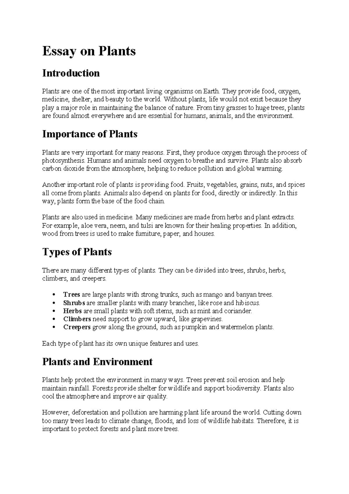 Essay on Plants: Importance, Types, and Environmental Role - Studocu