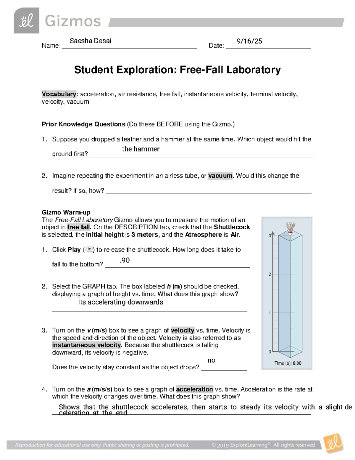 P1 - Free Fall Student Exploration: Understanding Motion & Acceleration - Studocu