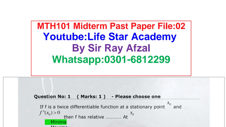 MTH101 Midterm Past Paper - Life Star Academy by Sir Ray Afzal - Studocu