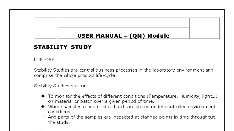 SAP-QM Stability Study User Manual: Key Processes and Steps - Studocu