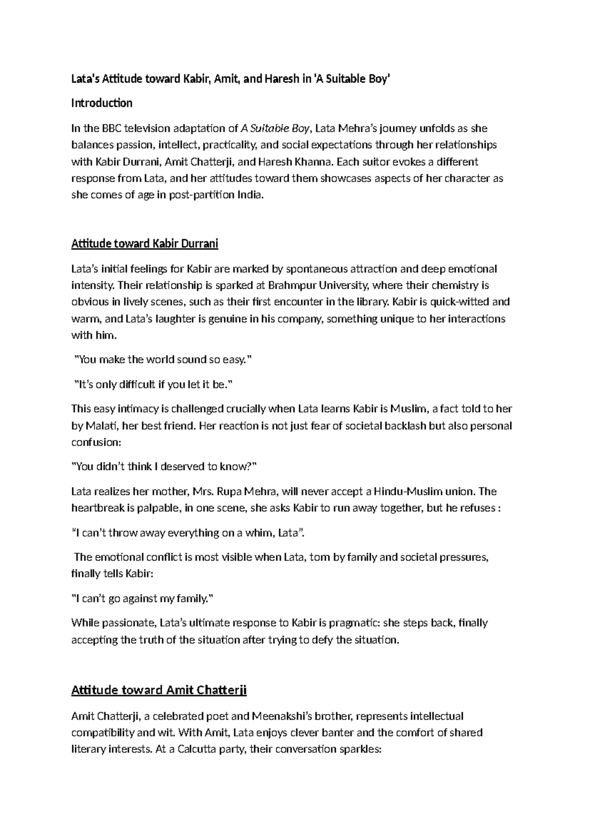 Attitudes Toward Kabir, Amit, and Haresh in A Suitable Boy Analysis ...