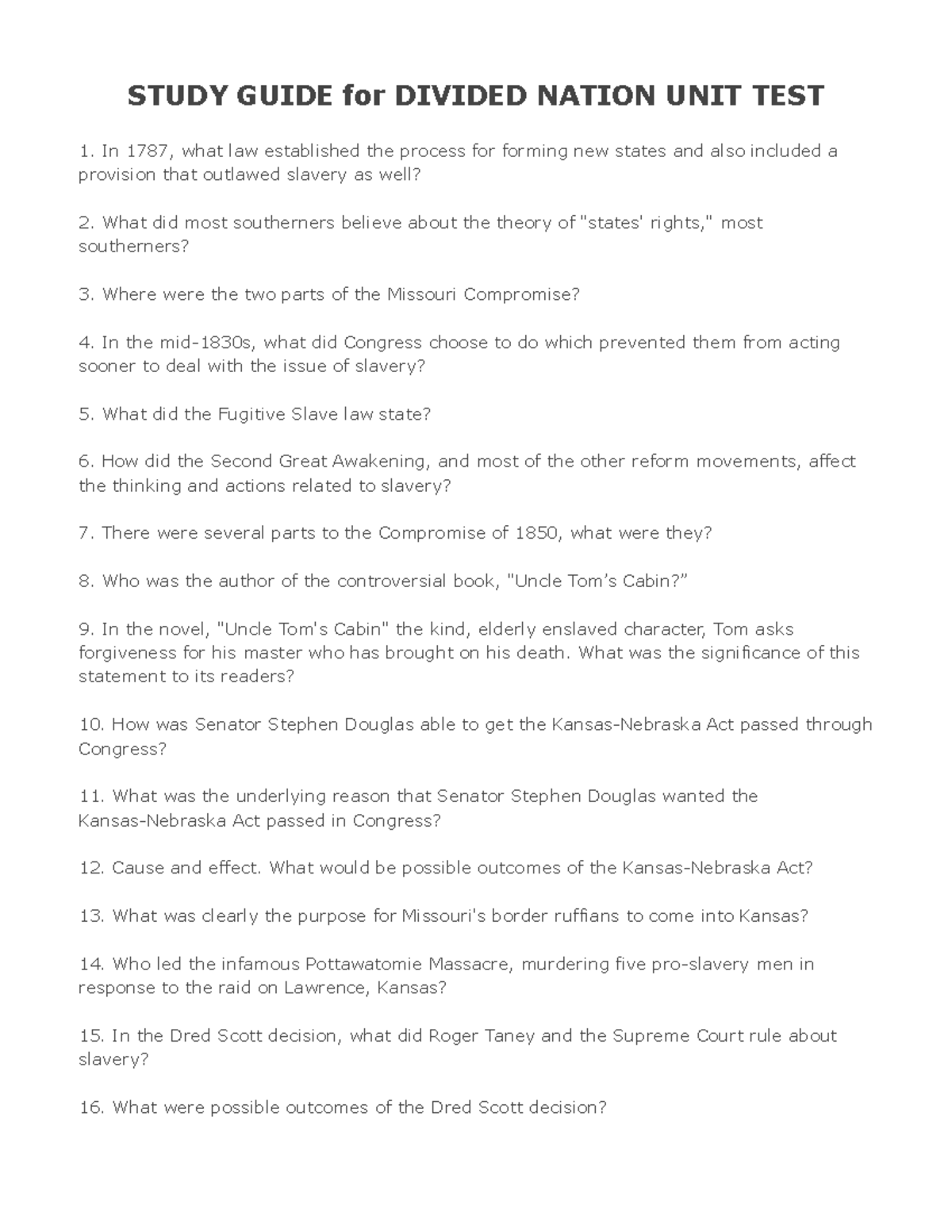Divided Nation Unit Test Study Guide - 2022 - Studocu