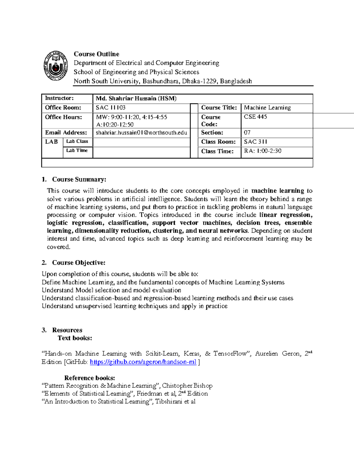 CSE 445 Course Outline: Introduction to Machine Learning - Studocu