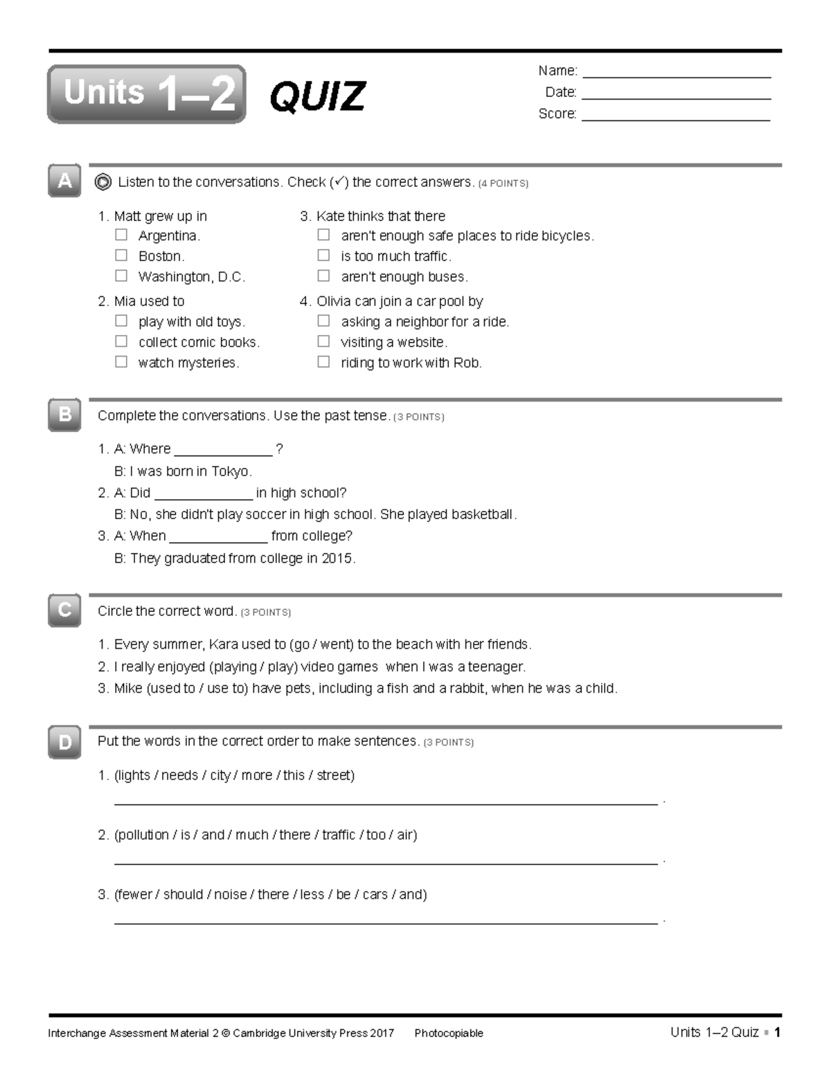 IC5 L2 WQ U1to2 - A2-L1 - Interchange Assessment Material 2 © Cambridge ...