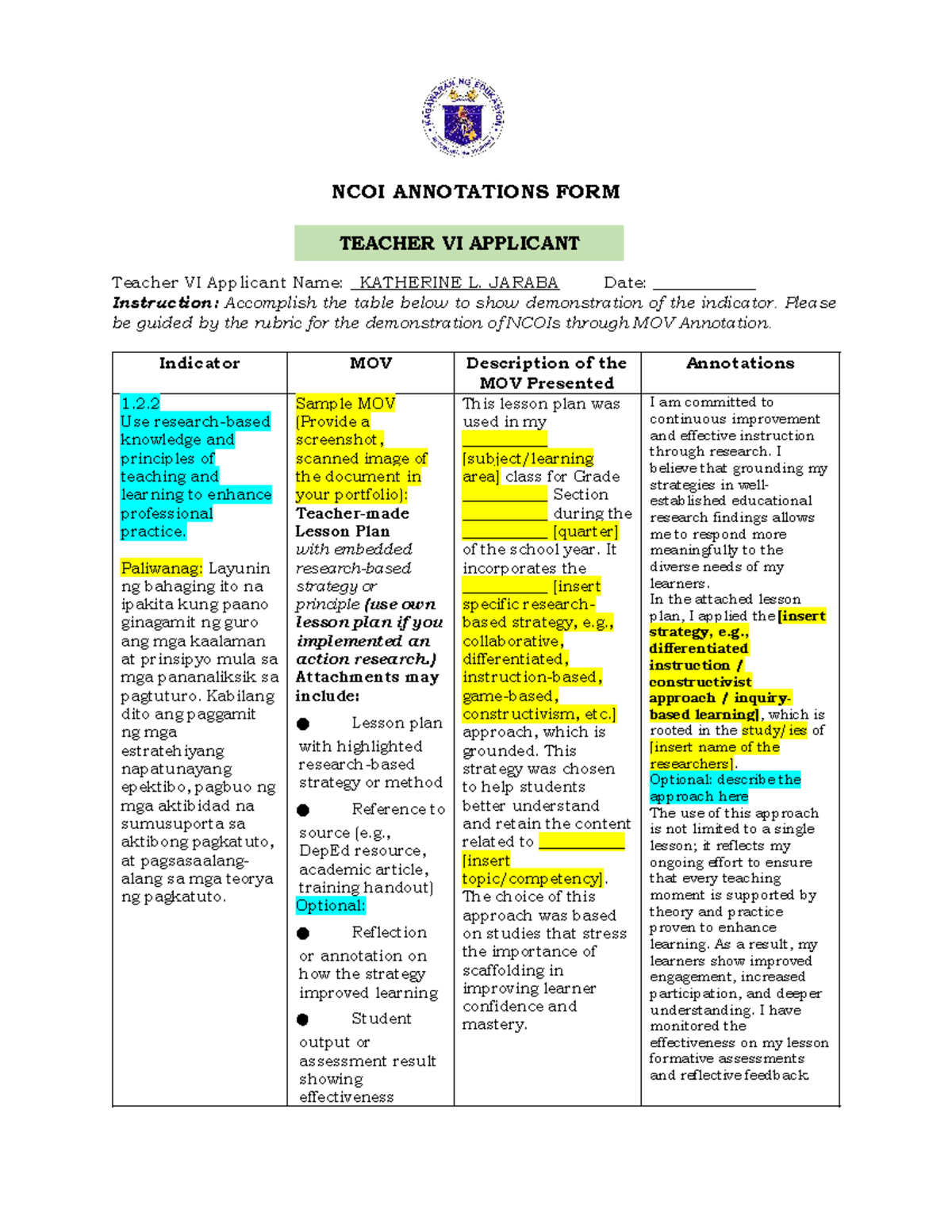 NCOI Teacher VI Applicant Sample MOV Documentation - Studocu