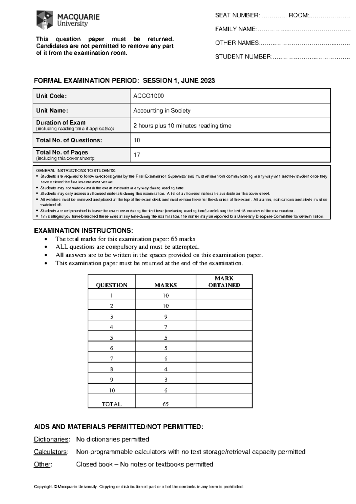 ACCG1000 2023 Final Exam Past Paper - Accounting in Society - Studocu
