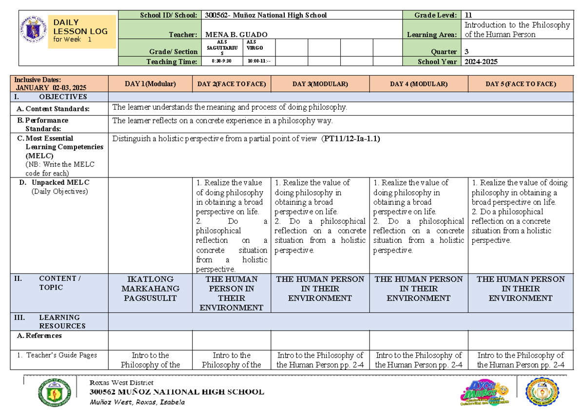 DLL: Intro to Philosophy Week 1 Lesson Plan - Studocu
