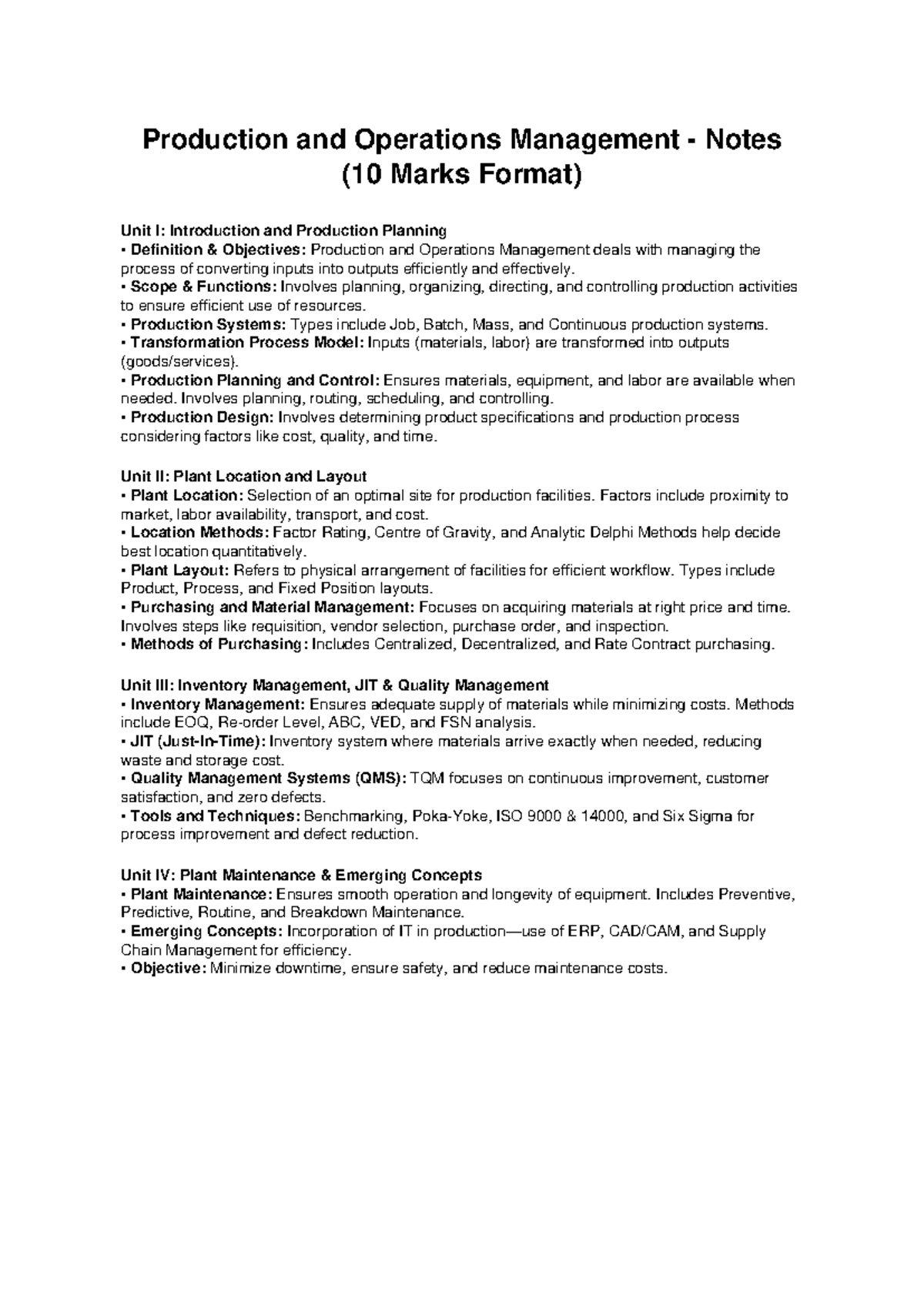 POM 101: Production & Operations Management Notes (10 Marks Format ...