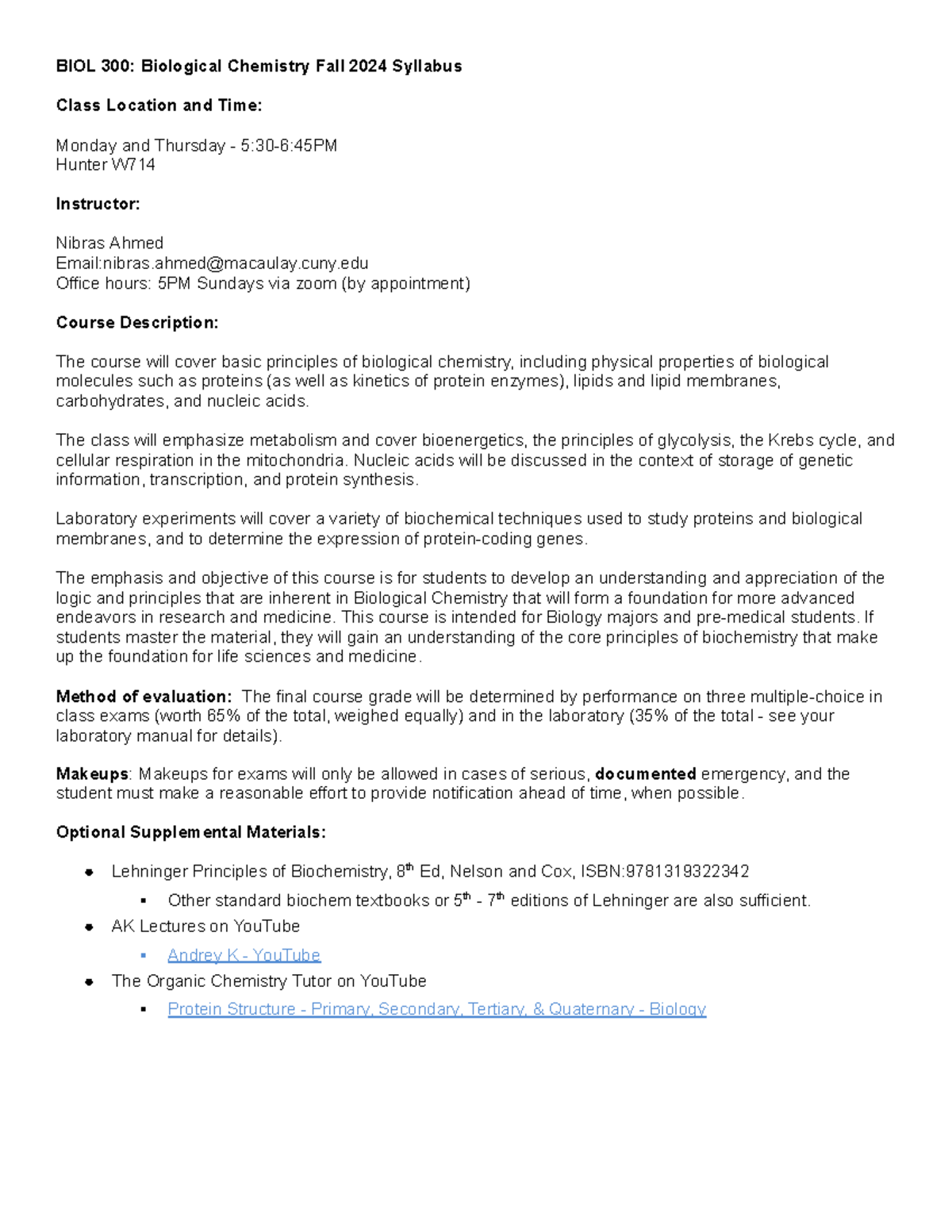 BIOL 300: Biological Chemistry Syllabus - Fall 2024 Overview - Studocu