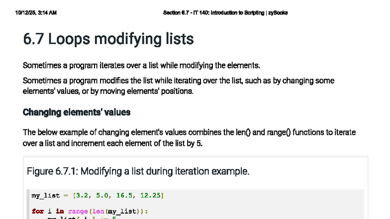 IT 140: Modifying Lists During Iteration - zyBooks Section 6.7 - Studocu