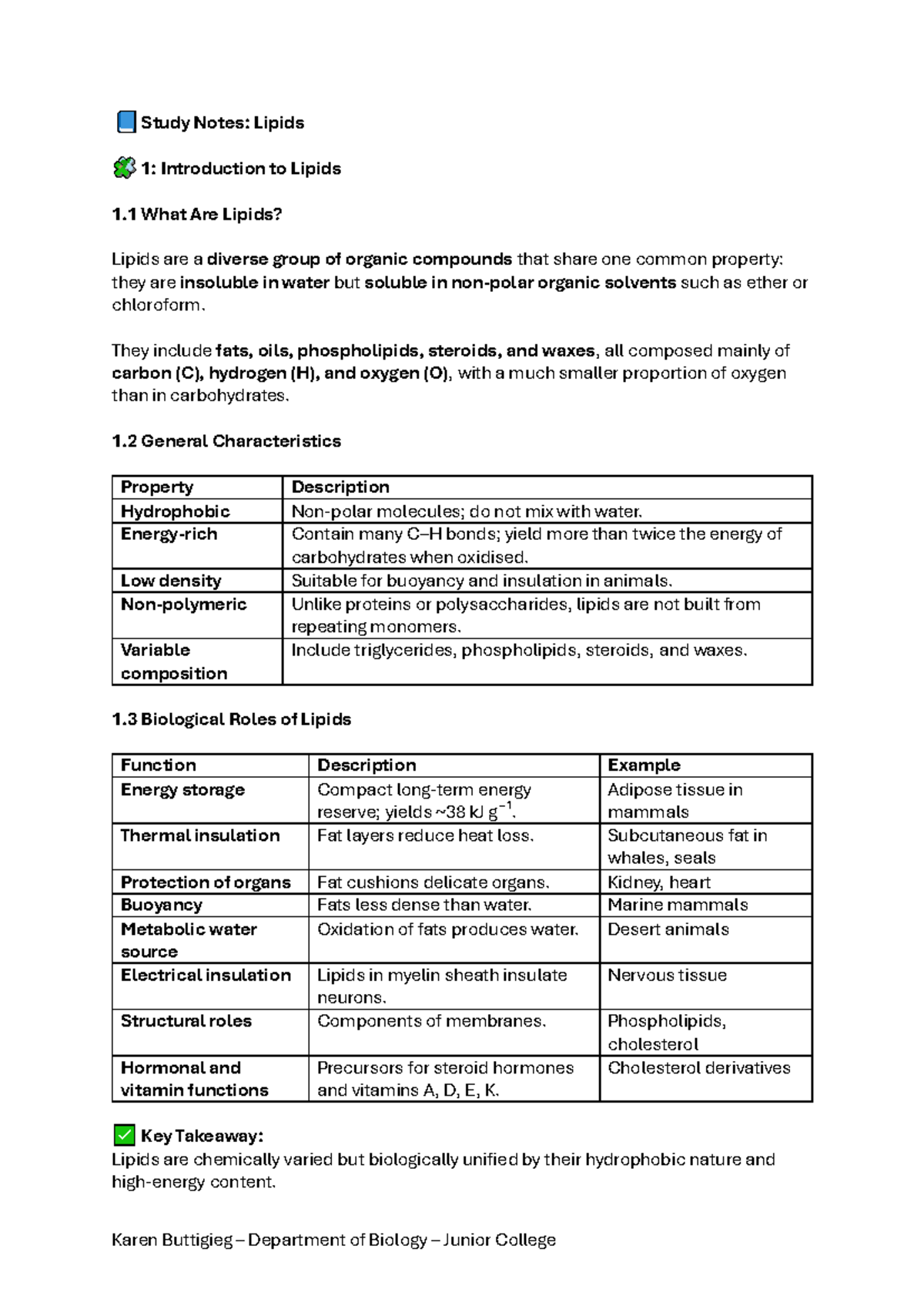 Study Notes: Lipids - Biology 101 - Studocu