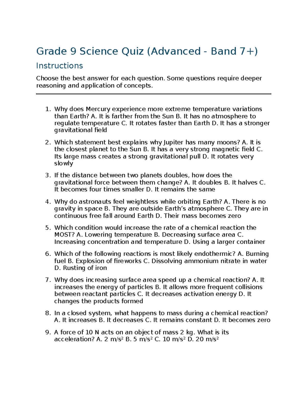 Grade 9 Science Quiz (Physics & Chemistry) - Advanced Questions - Studocu