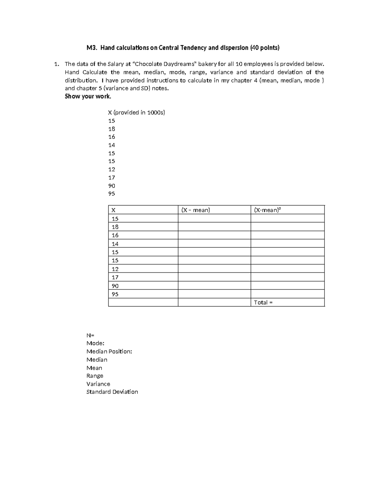 M3. Hand Calculations on Central Tendency & Dispersion (40 pts) - Studocu