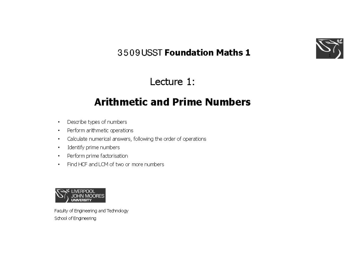 3509USST Foundation Maths 1 Lecture 1: Arithmetic & Prime Numbers - Studocu