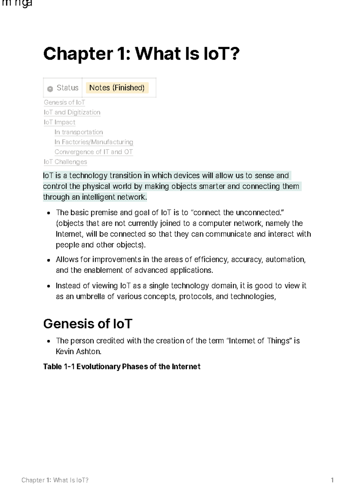 Chapter 1 Summary Notes - Chapter 1: What Is IoT? Status Notes Finished ...