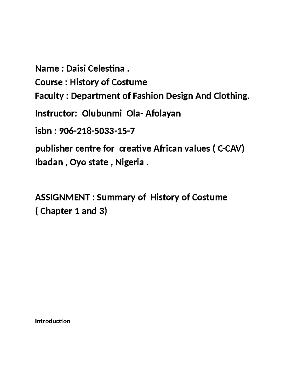 HIST 101: Summary of Costume History (Chapters 1 & 3) Assignment - Studocu