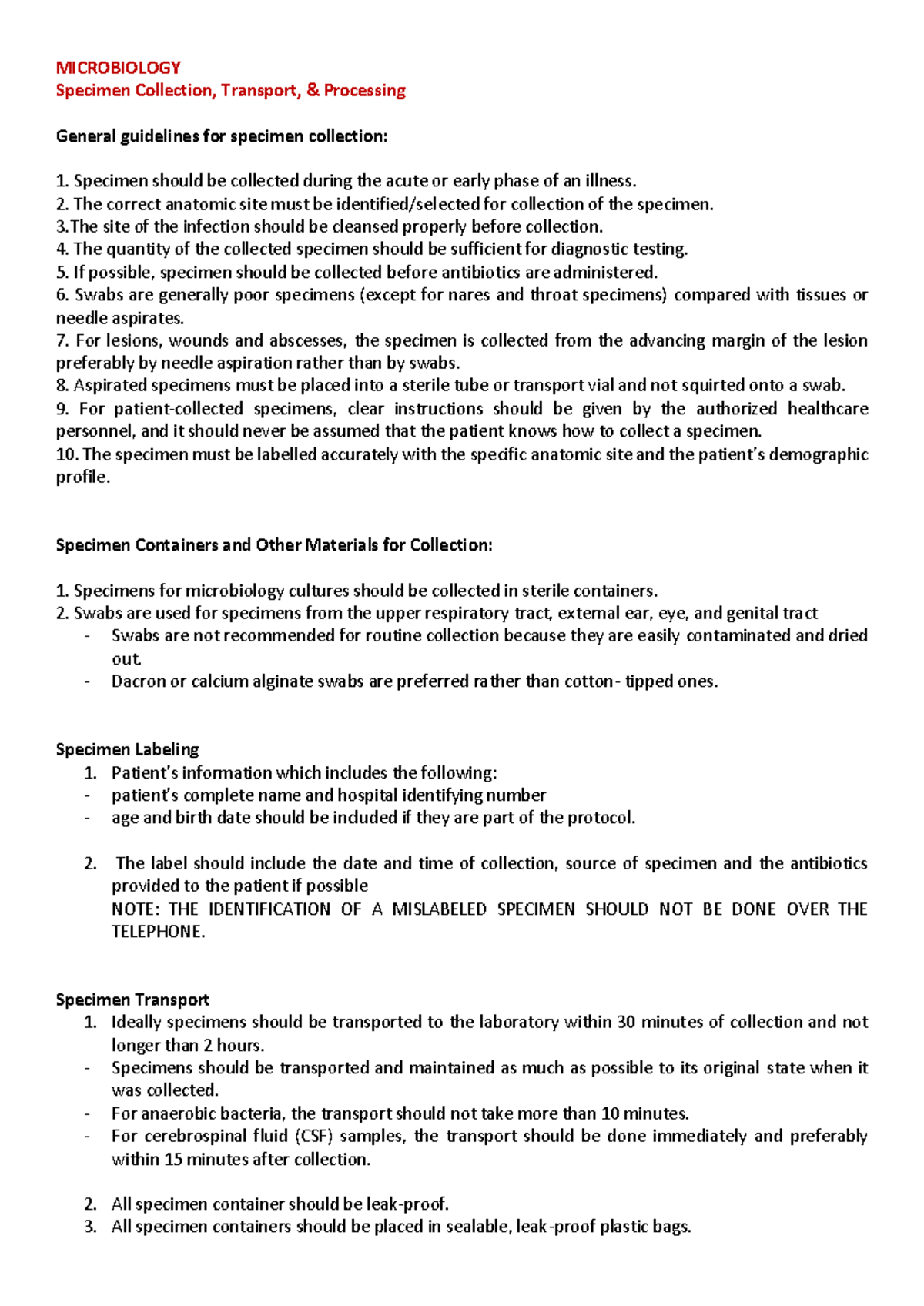 Microbiology- Specimen Collection, Transport, and Processing ...