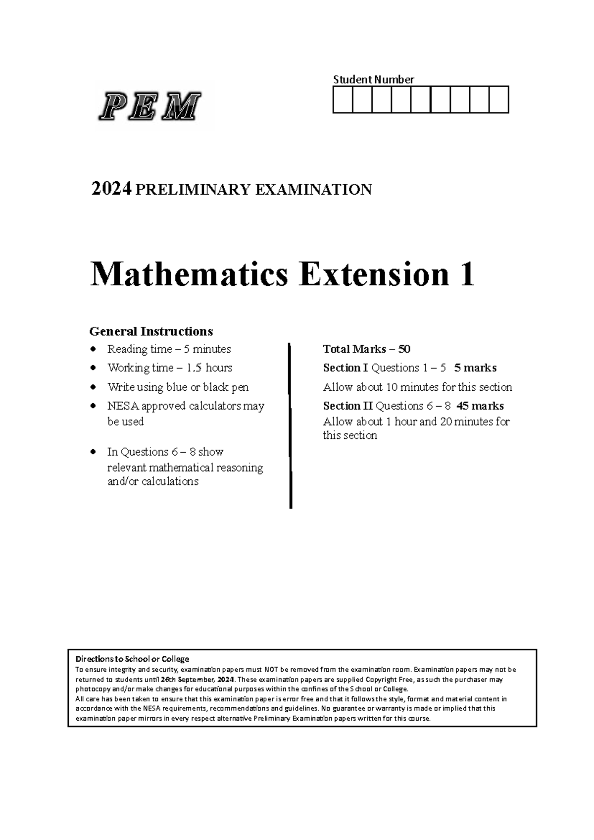 PEM 2024 Mathematics Extension 1 Preliminary Exam Paper - Studocu