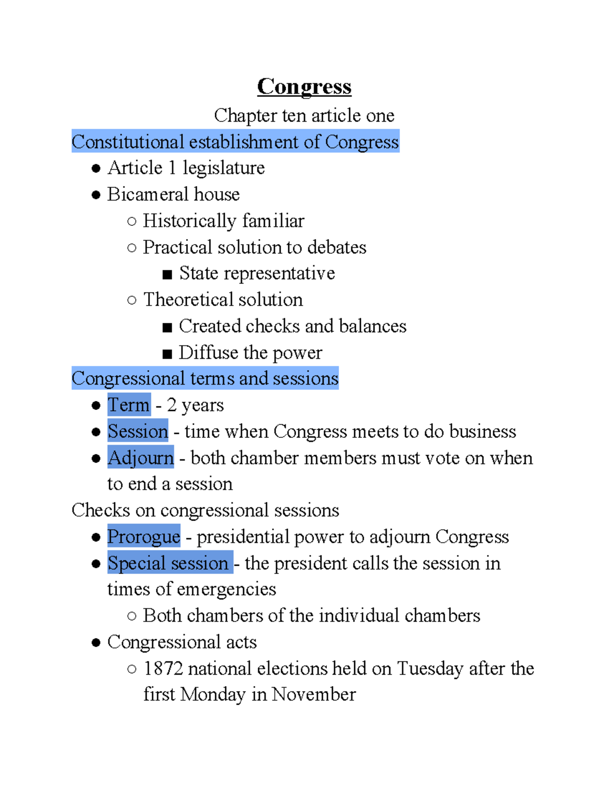 Congress: Chapter 10 Overview of Legislative Process and Structure - Studocu