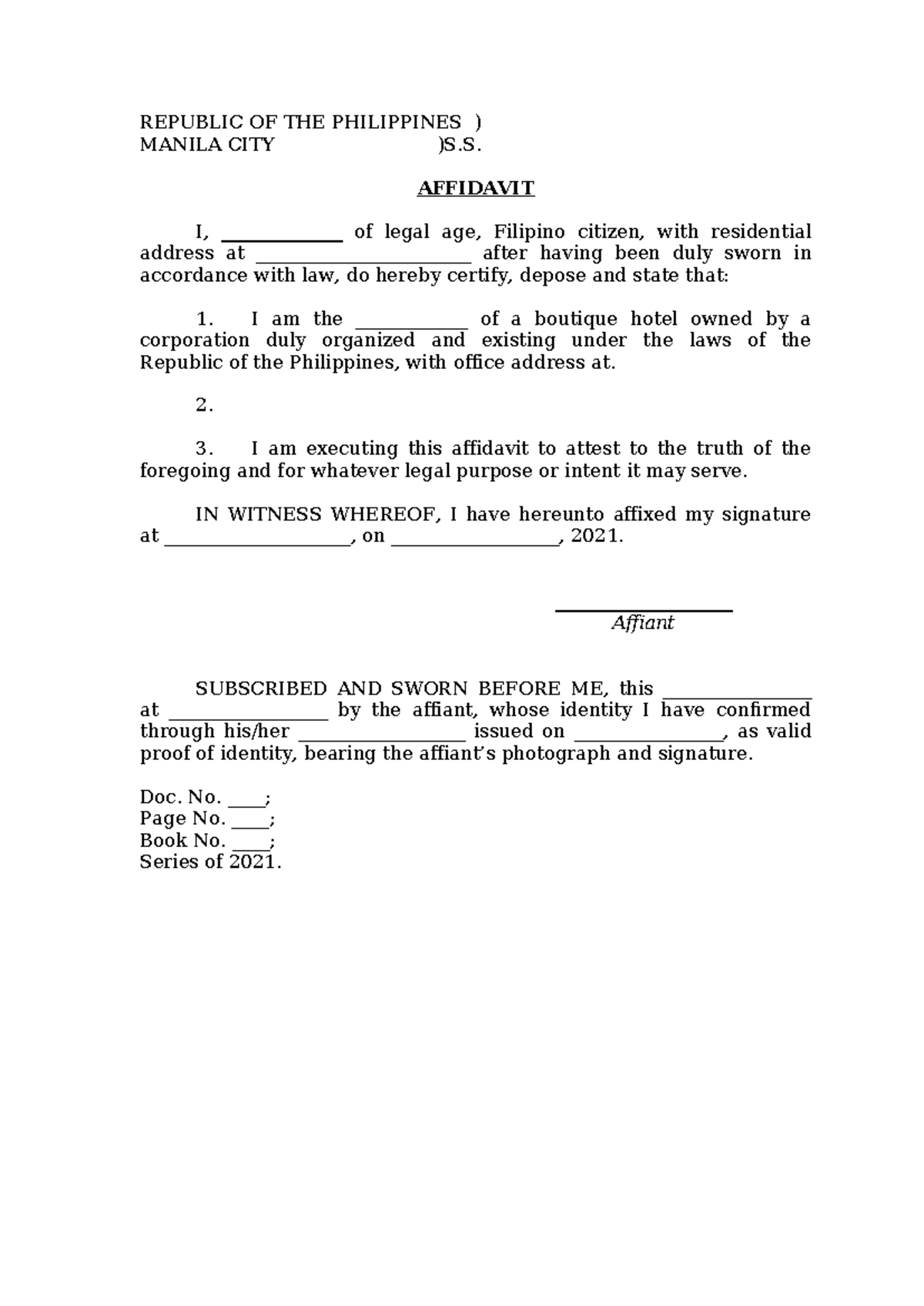 Affidavit Template for Legal Purposes in the Philippines - Studocu