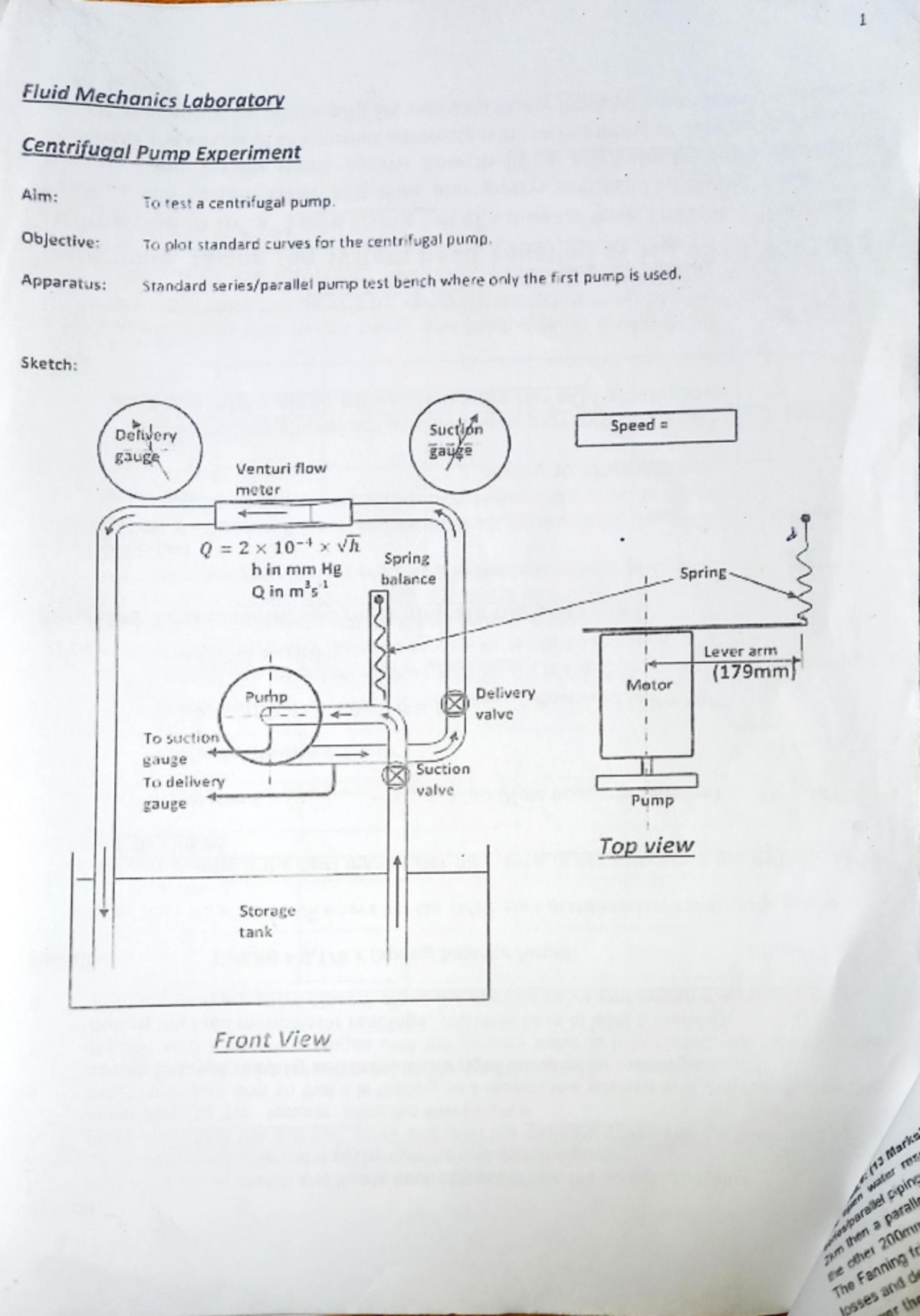 Fluid Mechanics Practical guide - Fluid Mechanics Laboratory Centrifugal Pump Experiment Aim: To ...