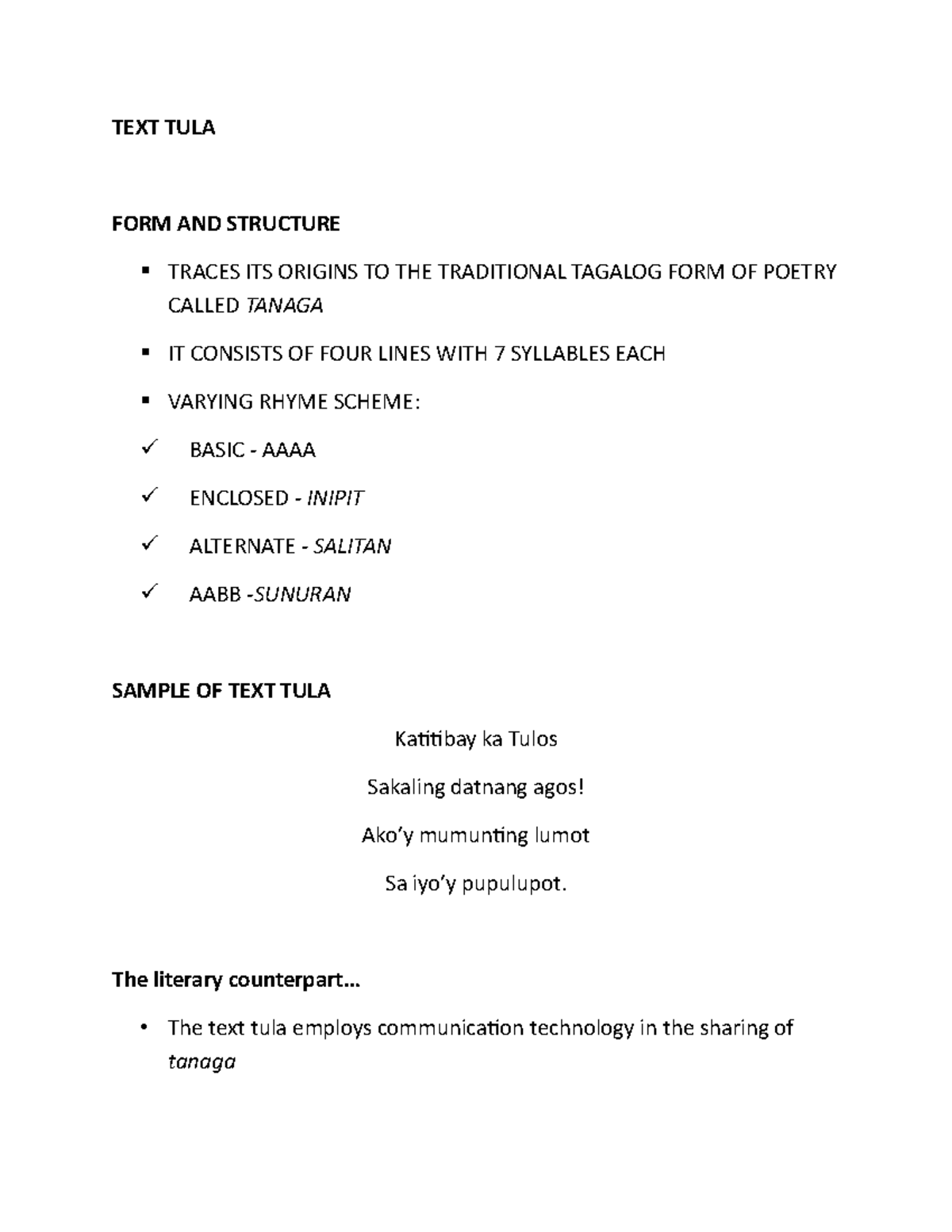 TEXT TULA - Lecture notes 1 - TEXT TULA FORM AND STRUCTURE TRACES ITS ...