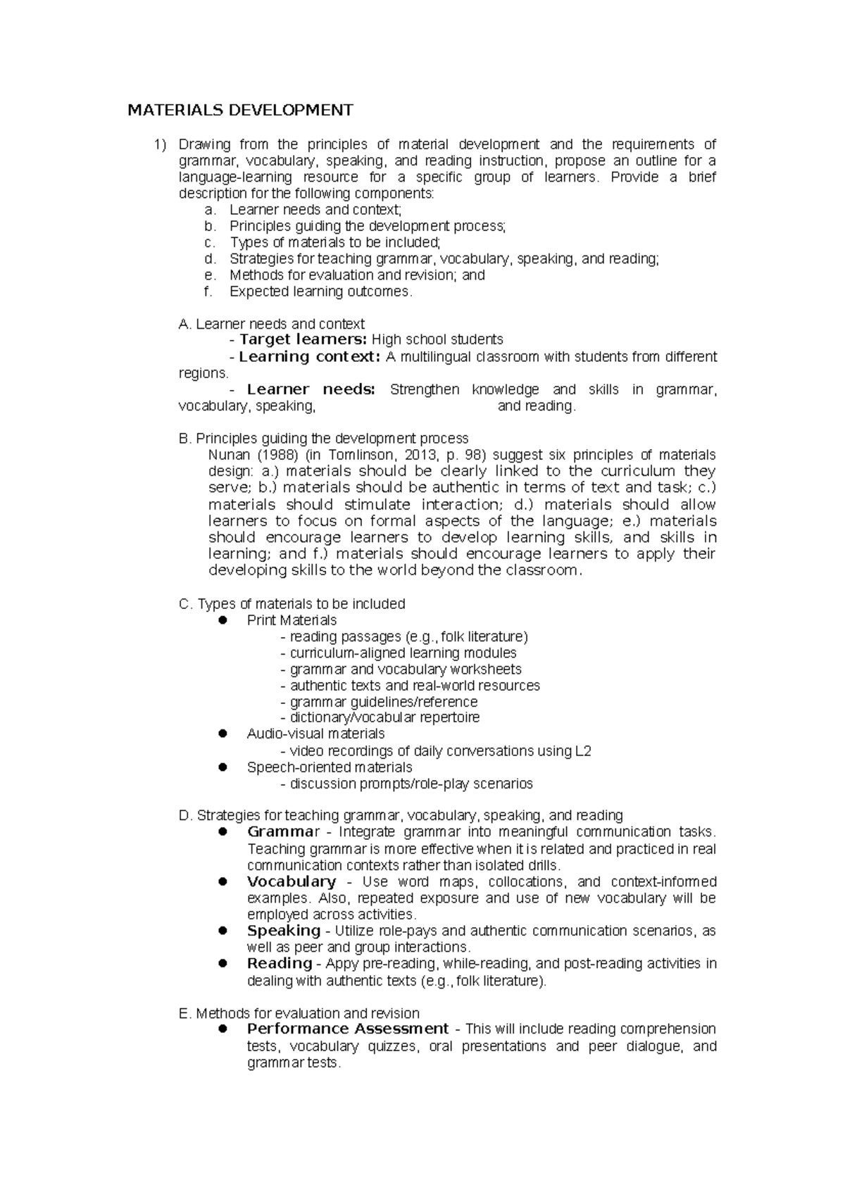 Materials Development for High School Learners: Activity 2 - Studocu