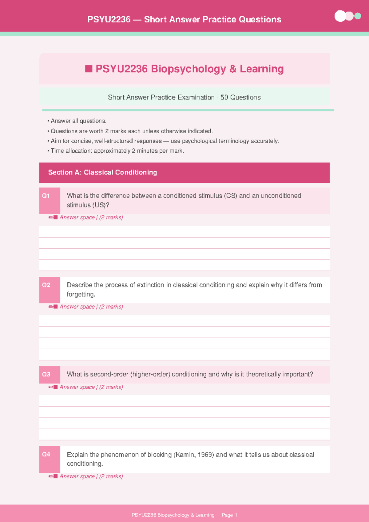 PSYU2236 Biopsychology Short Answer Practice Questions - Studocu