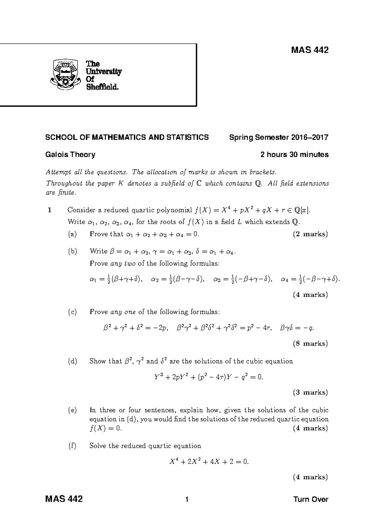 MAS 442 Spring Semester 2016-2017 - MAS 442 SCHOOL OF MATHEMATICS AND ...