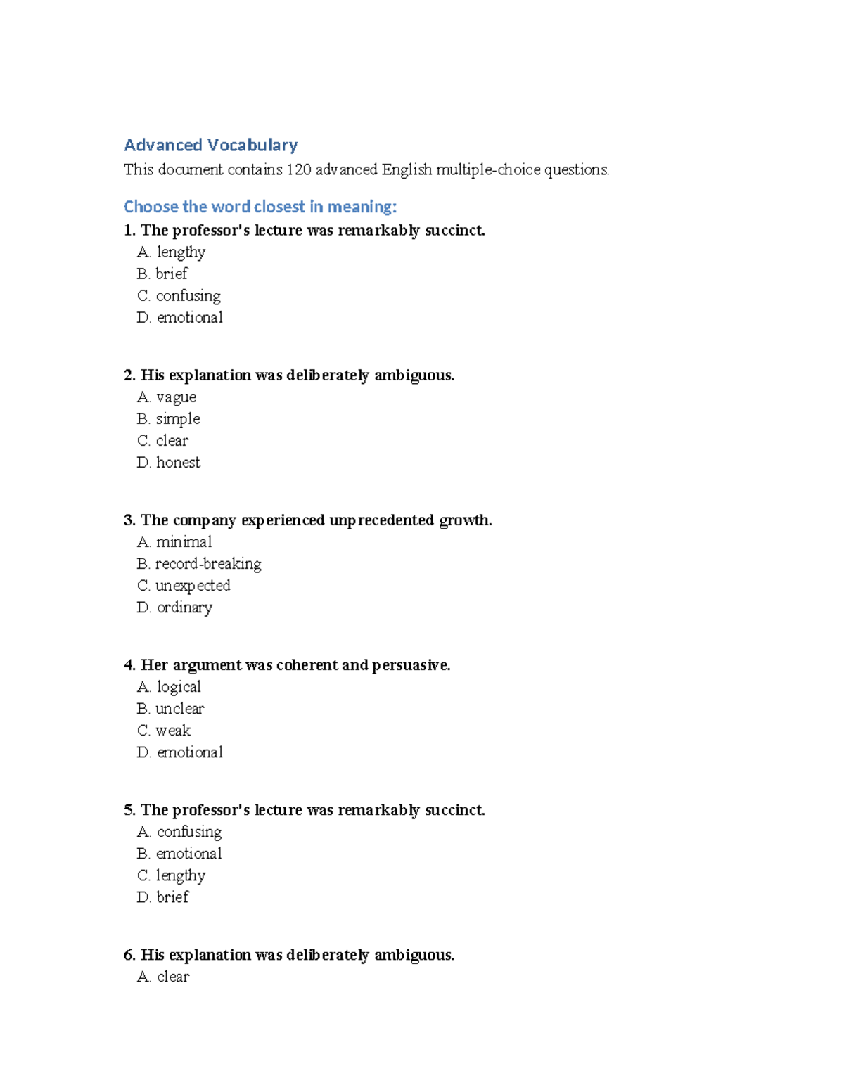 Advanced English Vocabulary Questions: 120 Exercises - Studocu