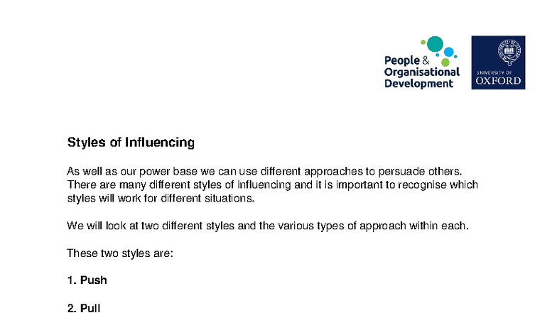 Influencing Styles: Push vs. Pull Approaches Explained - Studocu