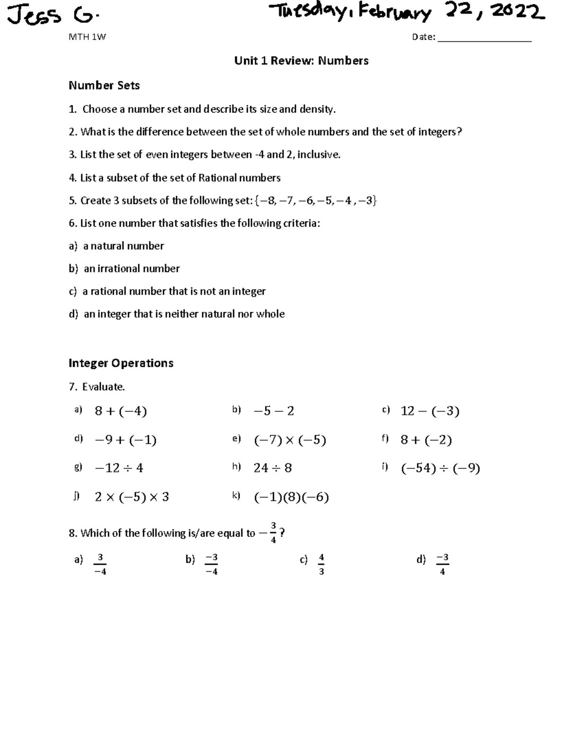 Unit 1 Review - MTH 1W Date: __________________ Unit 1 Review: Numbers ...