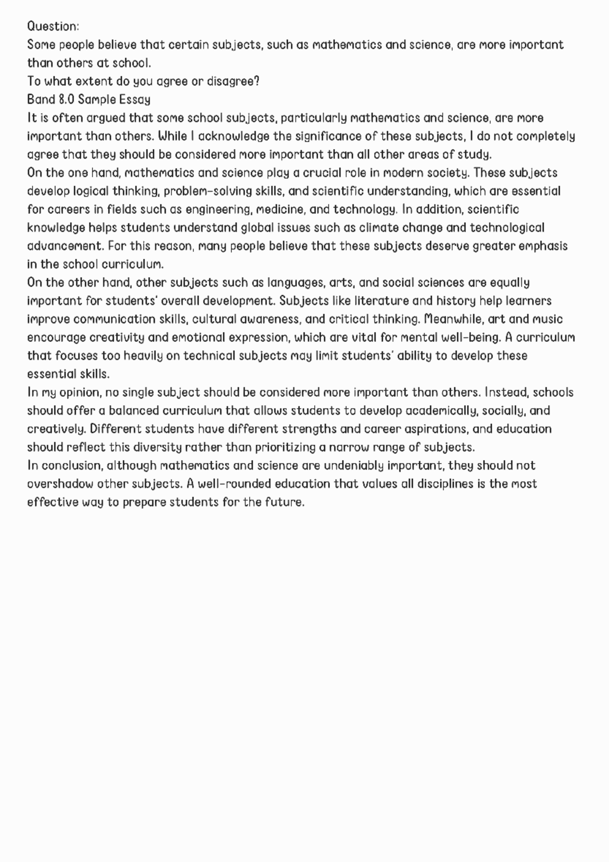 Iew2-6 - Band 8.0 Sample Essay on Subject Importance - Studocu
