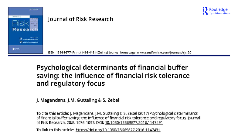Psychological Determinants of Financial Buffer Saving: Risk Tolerance ...