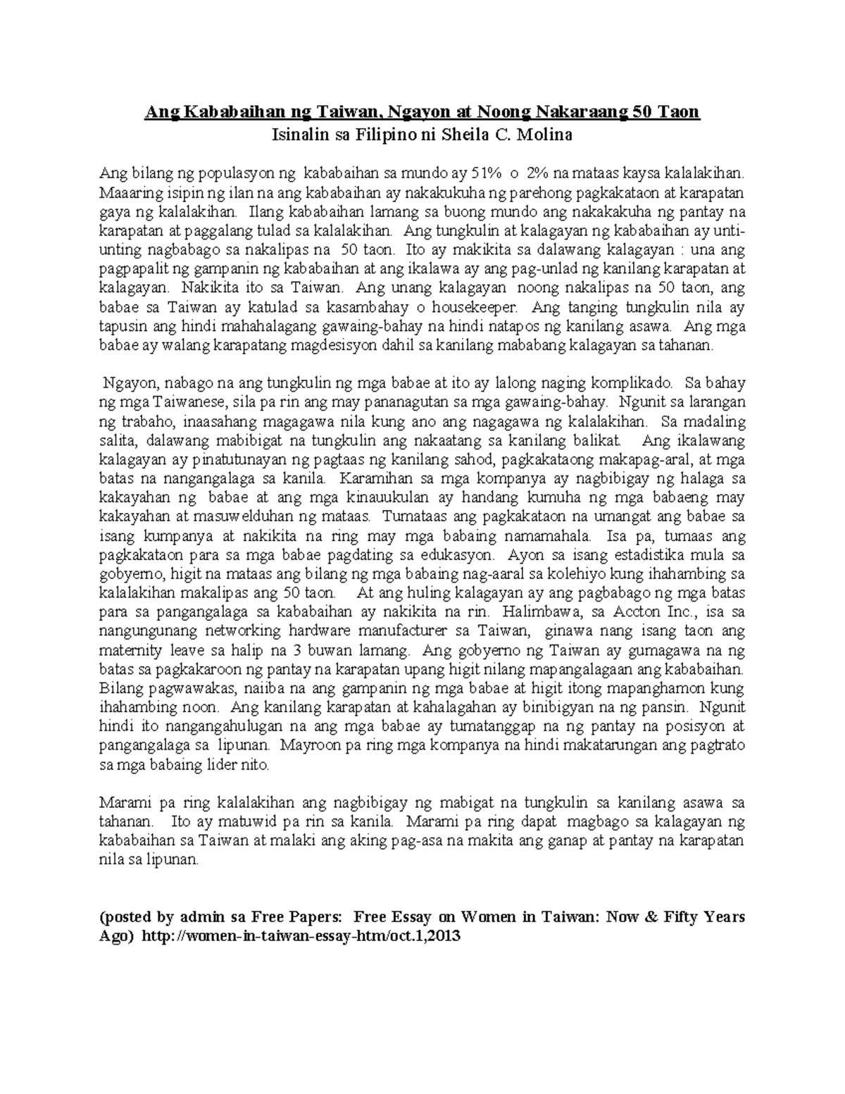 Pagbabago ng Kalagayan ng Kababaihan sa Taiwan: Ngayon at Noon - Studocu