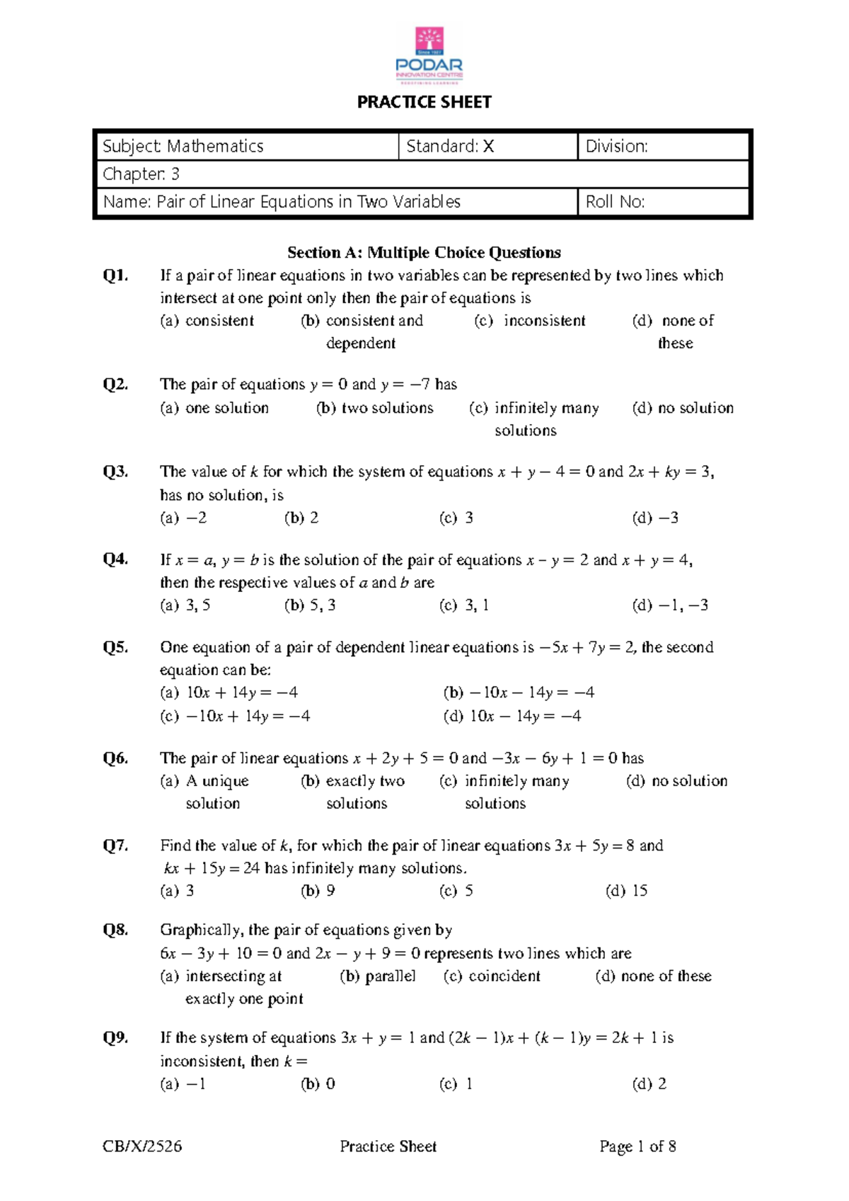 PS CB X Math Practice Sheet: Pair of Linear Equations in Two Variables ...