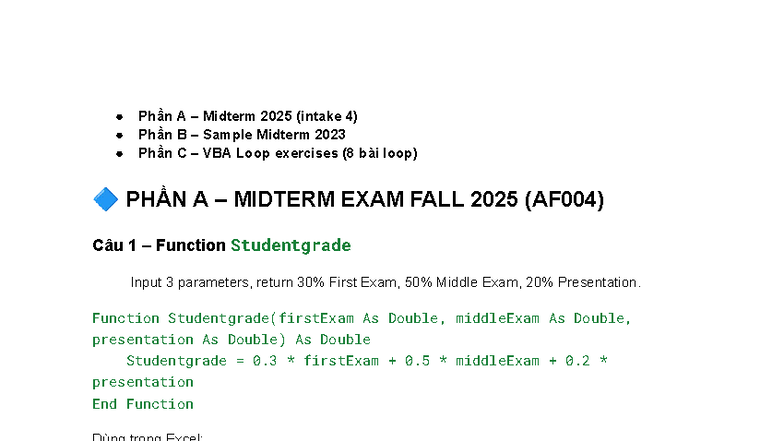 VBA Chat - Sample Solutions for Midterm AF004 & AF001 - Studocu