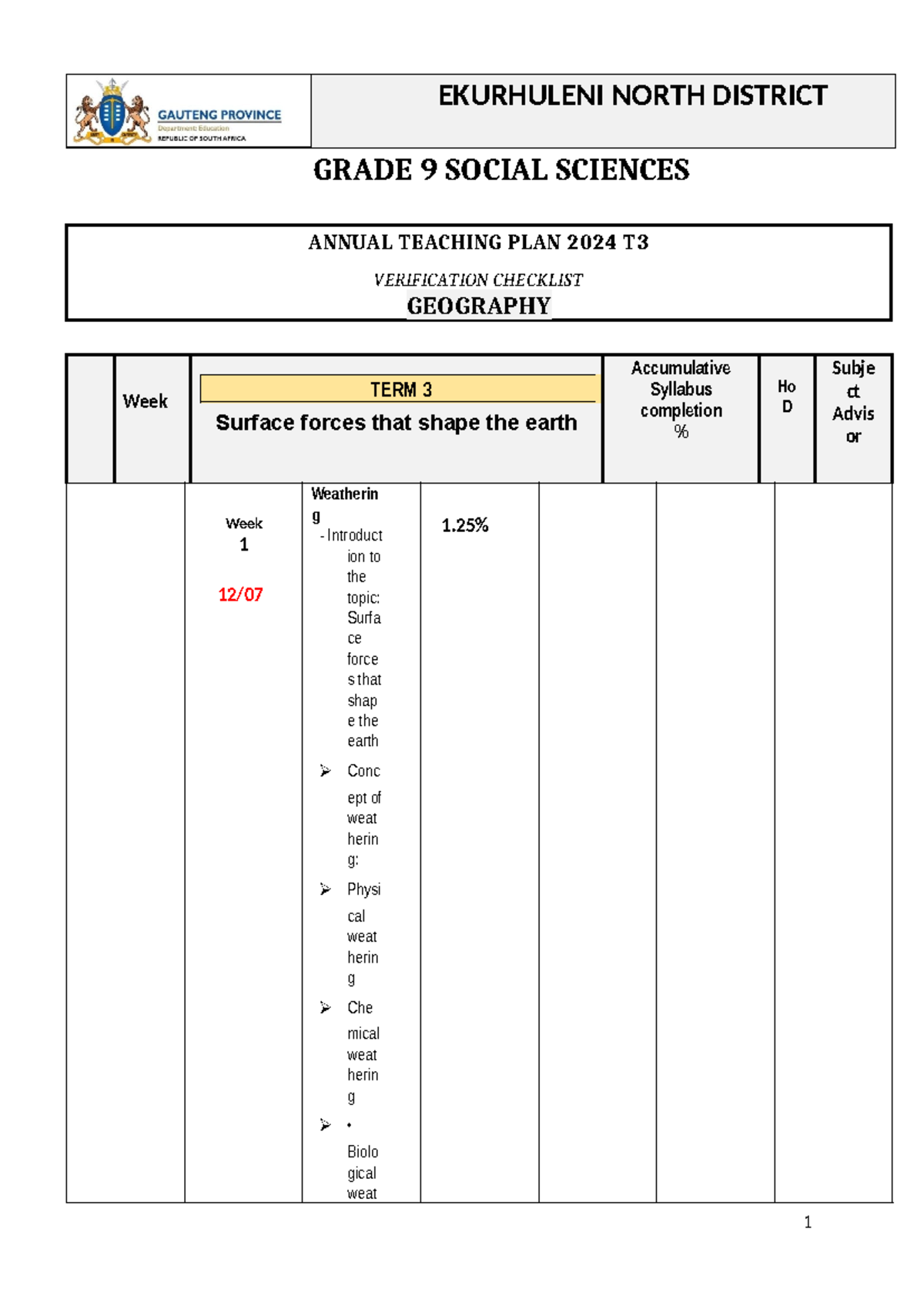 SS Grade 9 Annual Teaching Plan T3 2024: Geography & History - Studocu