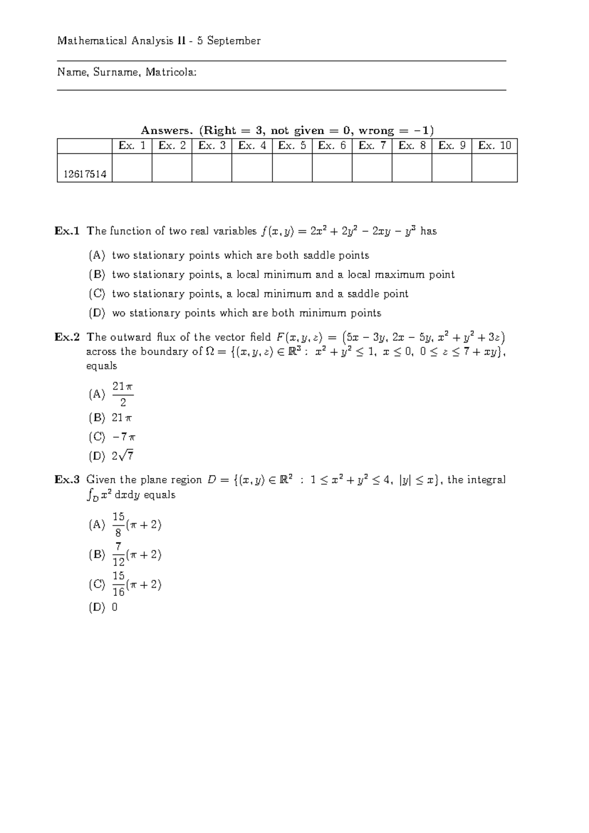 Mathematical Analysis II SET22-A - Exercises and Answers - Studocu