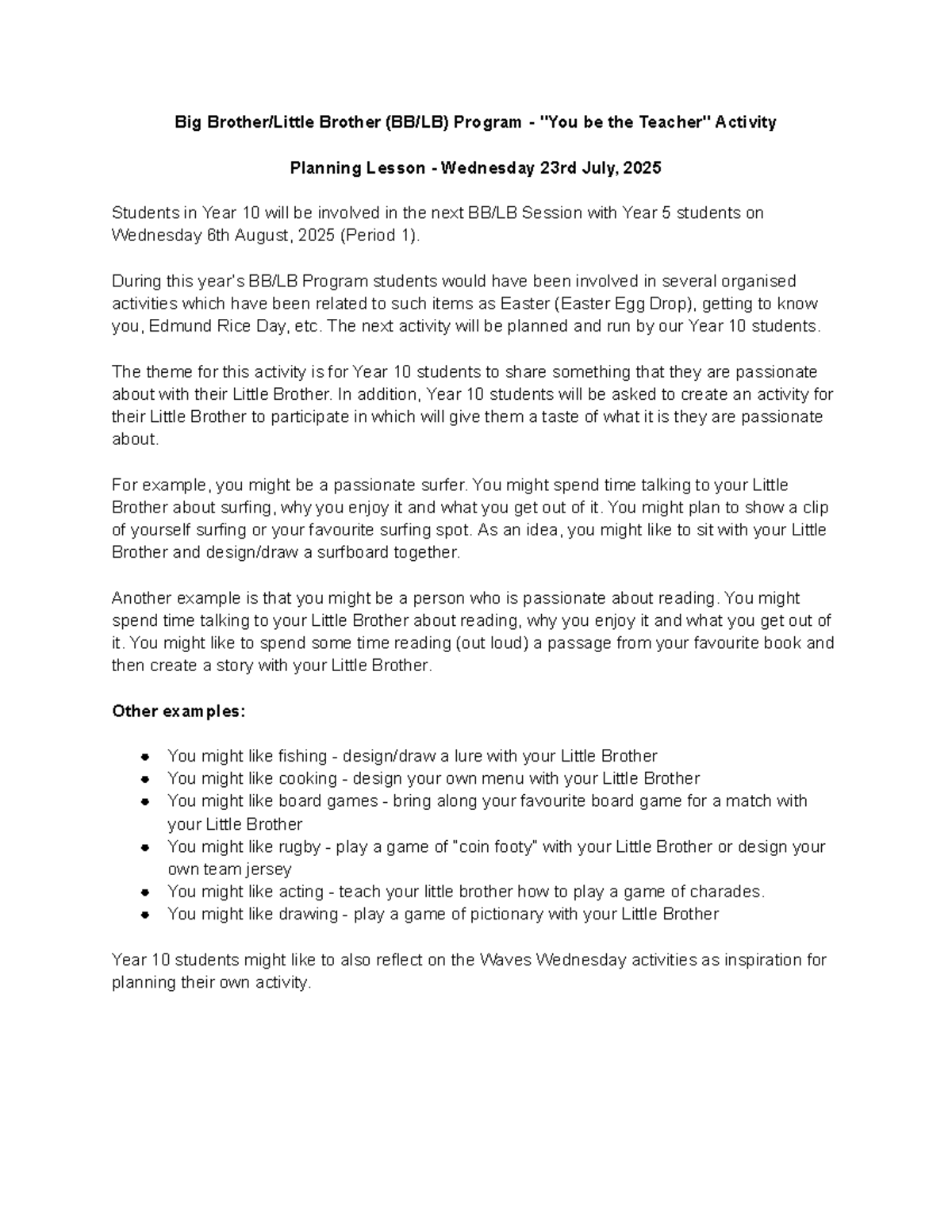Big Brother Program: Activity Planning Lesson for Year 10 Students ...