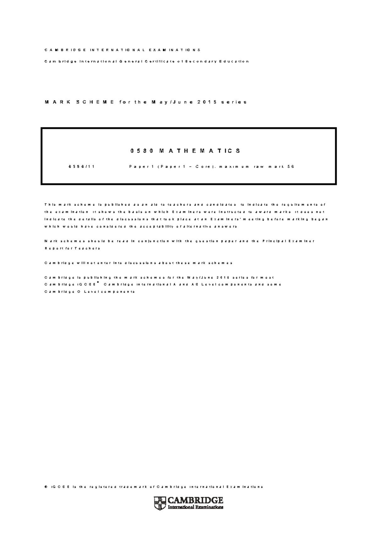 IGCSE 0580 Mathematics Paper 1 Mark Scheme - June 2015 - Studocu