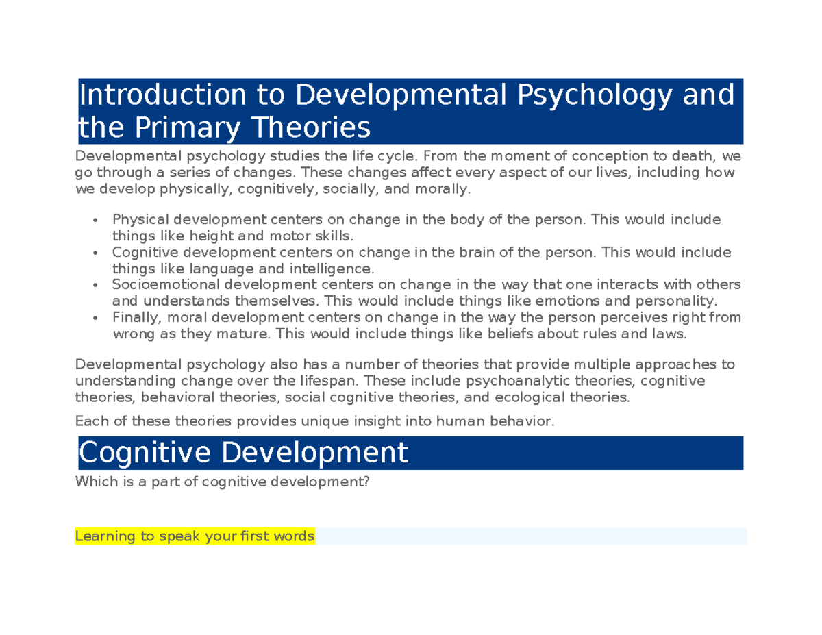 Intr and Prenatal Development - Introduction to Developmental Psychology and the Primary ...