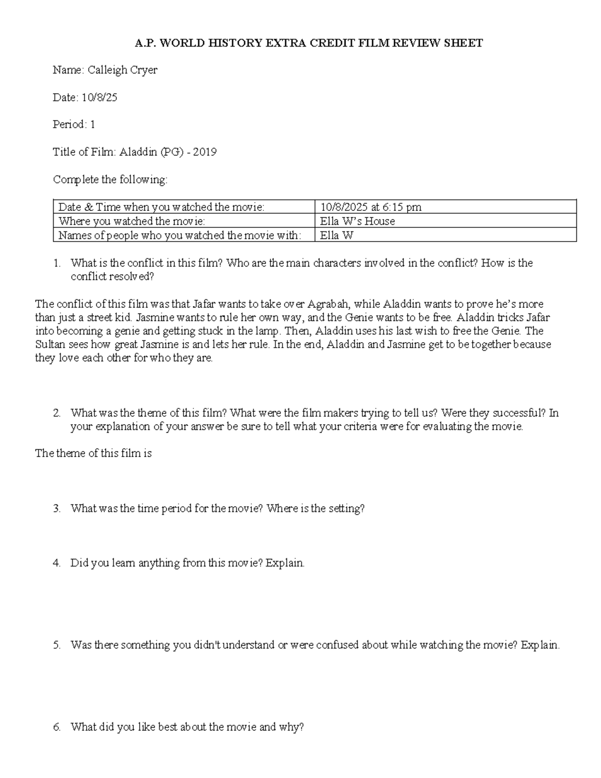 A.P. WORLD HISTORY EXTRA CREDIT: ALADDIN FILM REVIEW SHEET - Studocu